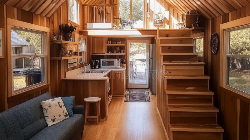 Rustic Tiny House Interior Featuring a Wooden Loft, Natural Light, and Open Space Design Stock ...