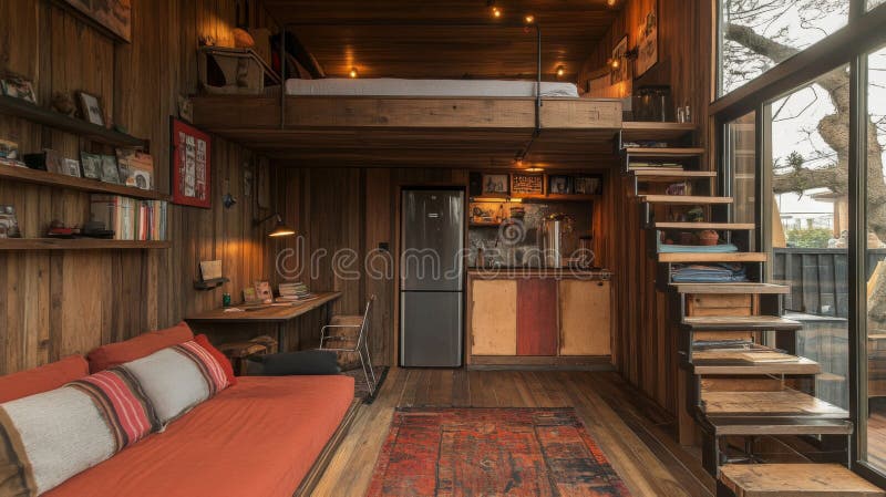 Rustic Tiny House Interior with Loft Bedroom and Metal Staircase Stock ...