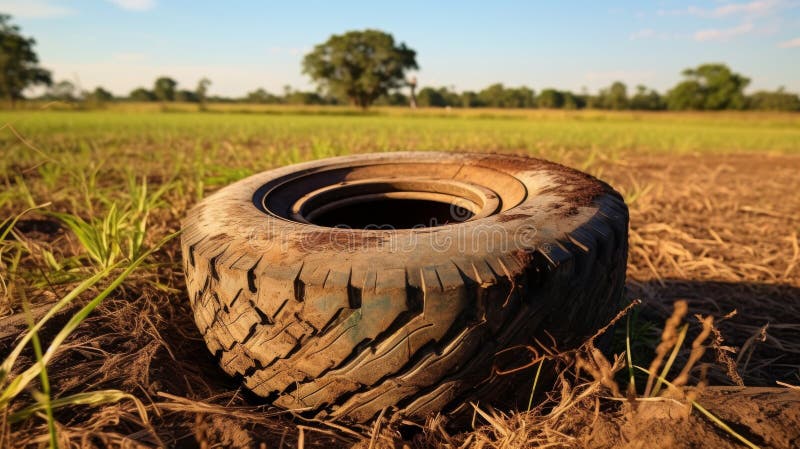 Rustic Tire Amidst Open Field Stock Illustration - Illustration of ...