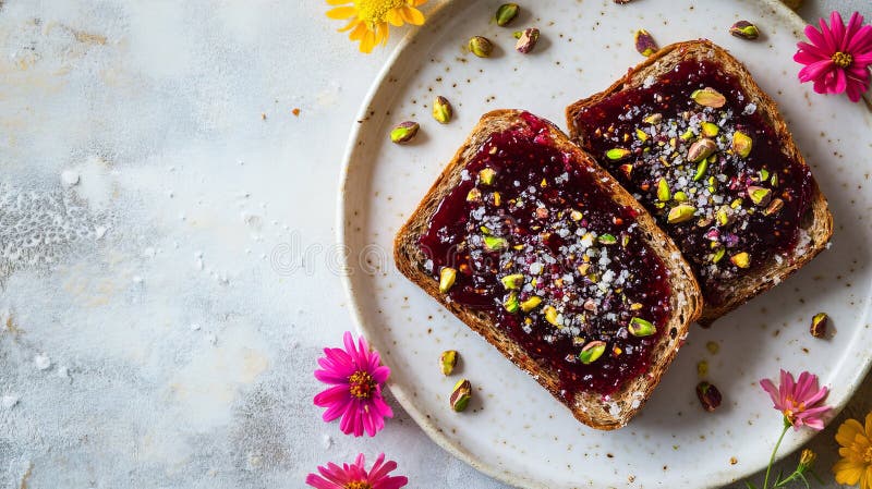 Rustic Toast with Berry Jam and Pistachio Garnish on Ceramic Plate ...