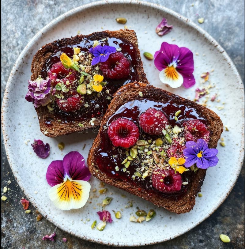 Rustic Toast with Raspberry Jam, Edible Flowers, and Pistachio on a ...