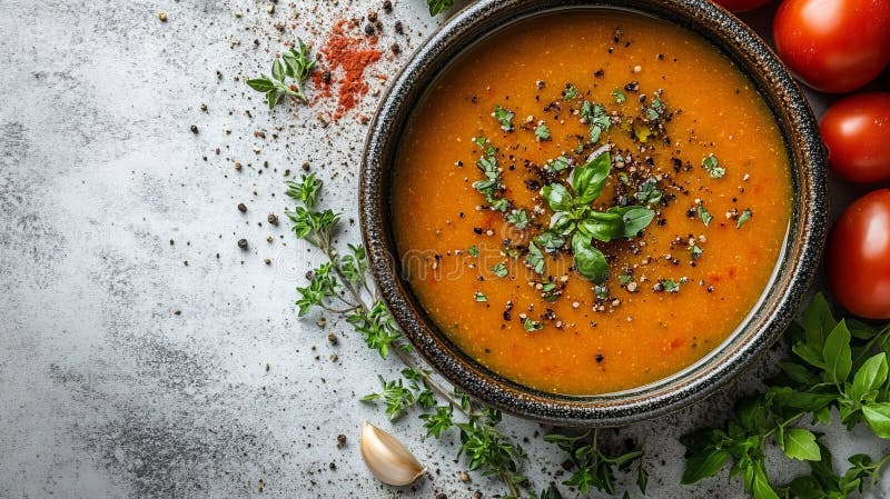 Rustic Tomato Soup with Fresh Herbs and Spices on Rustic Table Setting ...