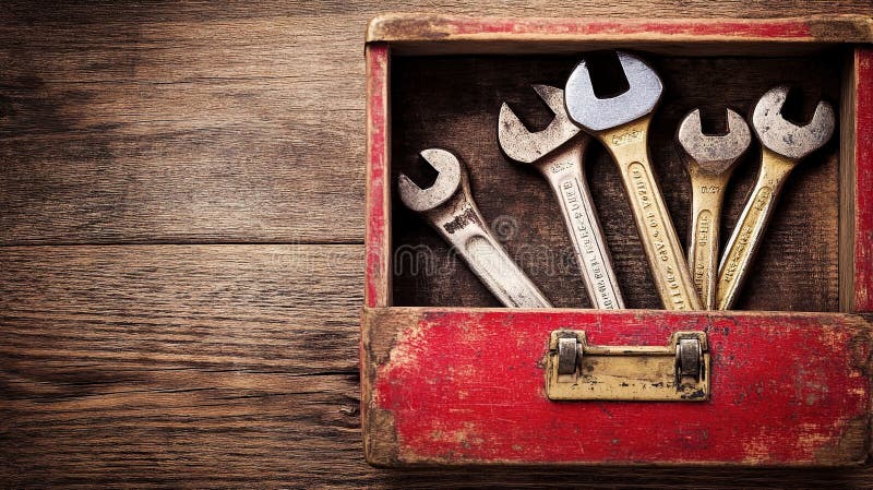 Rustic Toolbox Wrenches Wood Background DIY Repair Stock Photo - Image ...