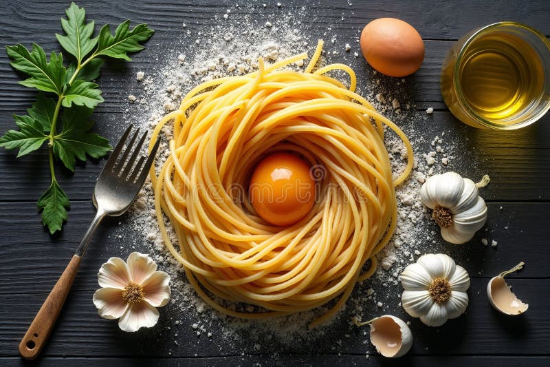 Homemade Pasta Ingredients: Spaghetti Nest with Egg Yolk Stock ...