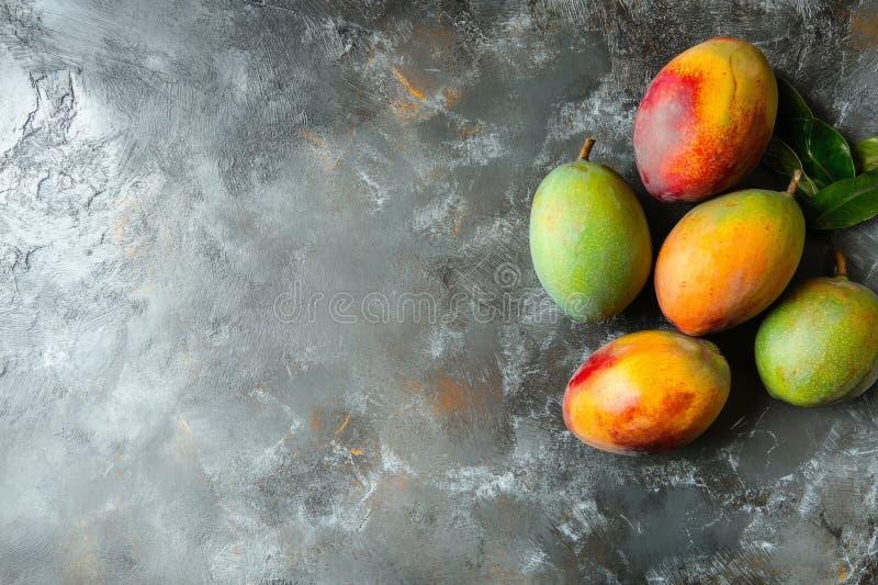 Rustic Top View of Fresh Mangoes on Table with Ample Space for Text and ...