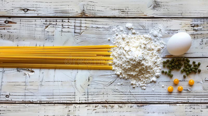 Rustic Top View of Spaghetti Ingredients Flour, Egg, and Pepper Peas on ...