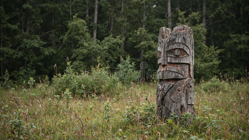 Rustic Totem Pole with Hawk and Salmon Carvings in Overgrown Meadow ...