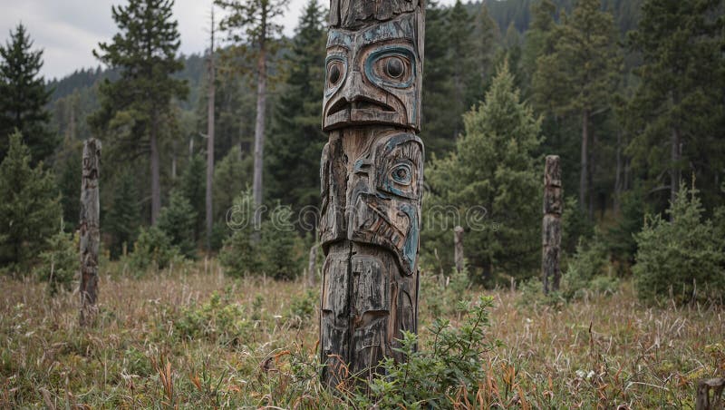 Rustic Totem Pole with Hawk and Salmon Carvings in Overgrown Meadow ...