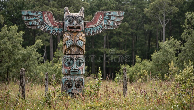 Rustic Totem Pole with Hawk and Salmon Carvings in Overgrown Meadow ...