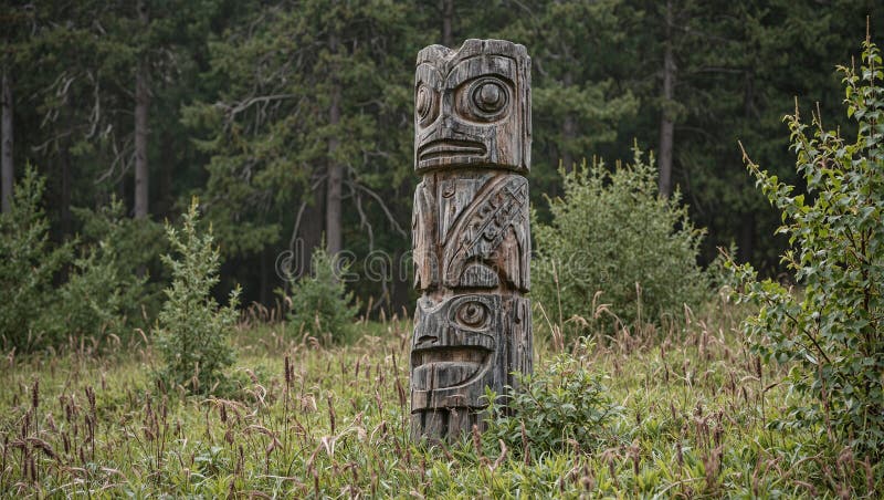 Rustic Totem Pole with Hawk and Salmon Carvings in Overgrown Meadow ...
