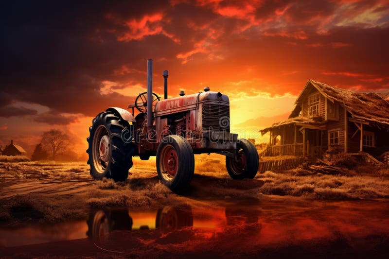 Rustic Tractor Sunset. Generate Ai Stock Image - Image of landscape ...