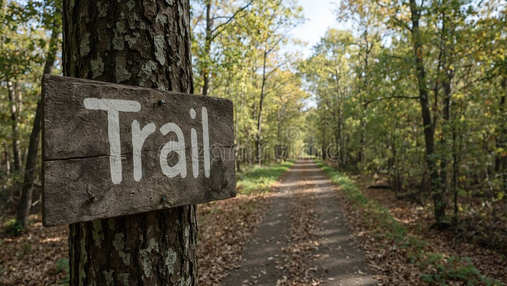 Rustic Trail Sign on Tree in Leaf Covered Forest Path Under Dappled ...