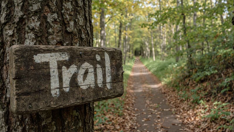 Rustic Trail Sign on Tree in Leaf Covered Forest Path Under Dappled ...