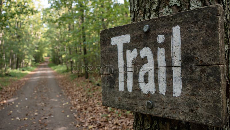 Rustic Trail Sign on Tree in Leaf Covered Forest Path Under Dappled ...