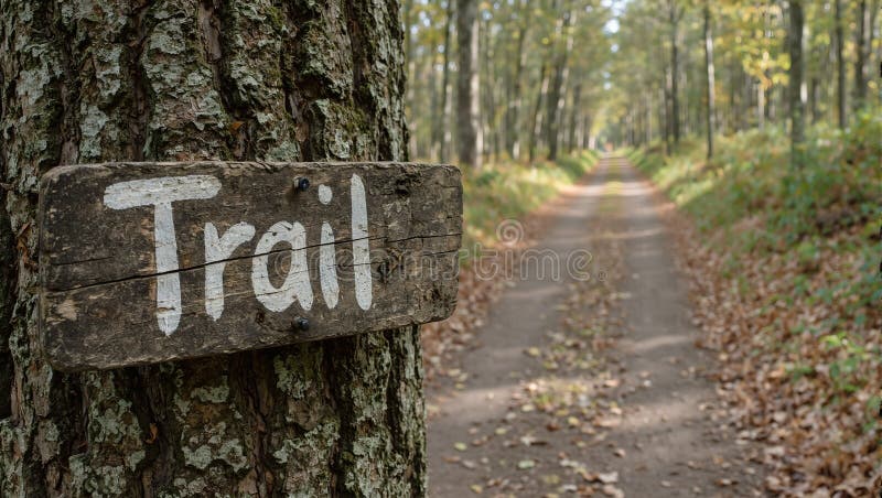 Rustic Trail Sign on Tree in Leaf Covered Forest Path Under Dappled ...