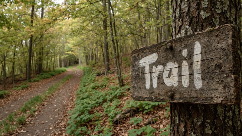 Rustic Trail Sign on Tree in Leaf Covered Forest Path Under Dappled ...