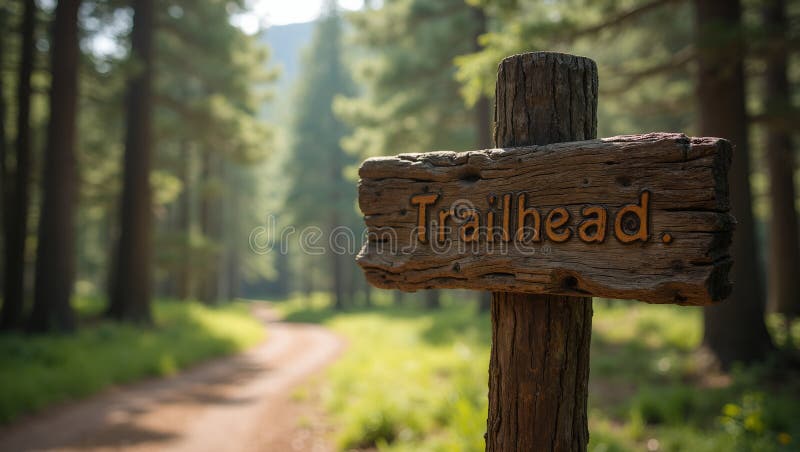 Rustic Trailhead Signpost on Forest Trail Sunlight through Pine Trees ...