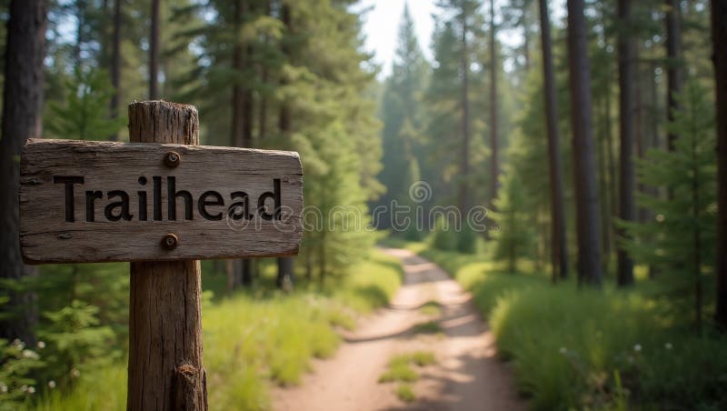 Rustic Trailhead Signpost on Forest Trail Sunlight through Pine Trees ...
