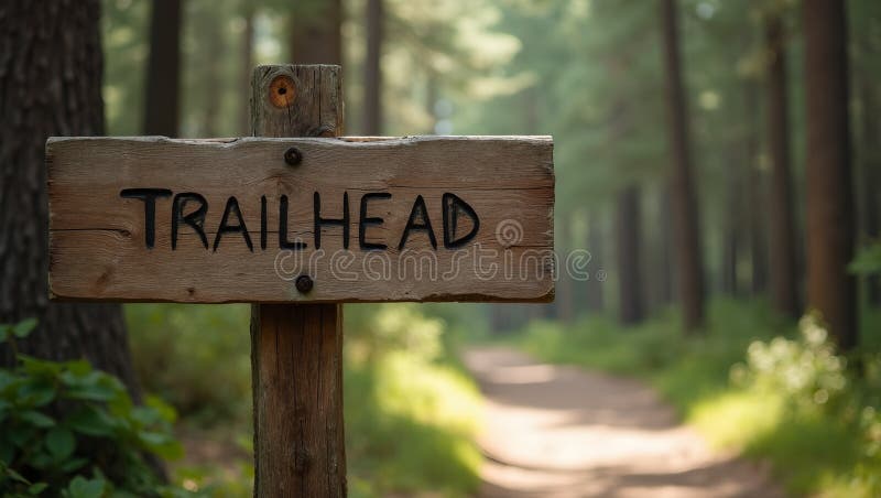 Rustic Trailhead Signpost on Forest Trail Sunlight through Pine Trees ...