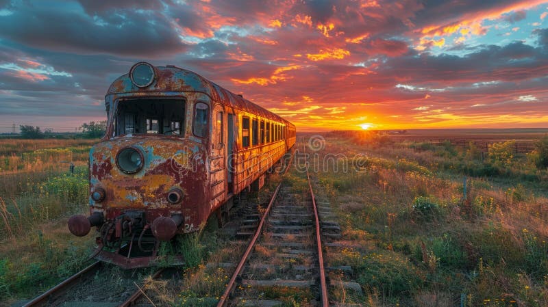 Rustic Train Abandoned at Sunset, Generative AI Stock Photo - Image of ...