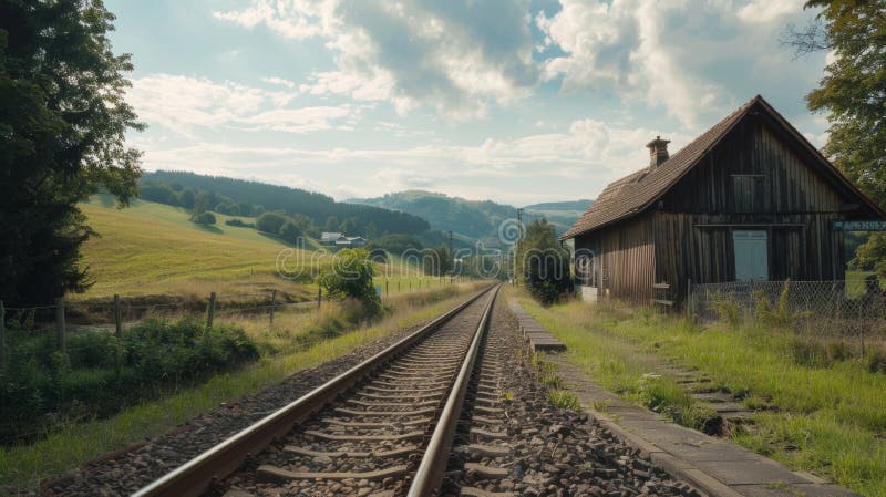 A Rustic Train Stop Surrounded by Rolling Hills and Green Fields Stock ...