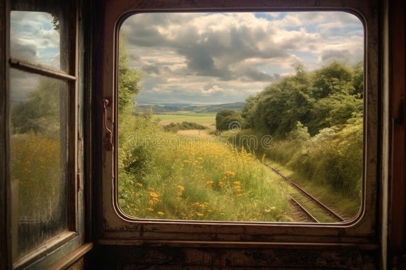 Rustic Train Window View with Passing Countryside Stock Illustration ...
