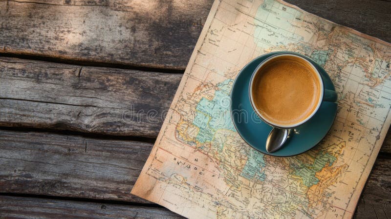 Rustic Travel Concept Featuring Coffee Cup and Map on Paper Stock ...