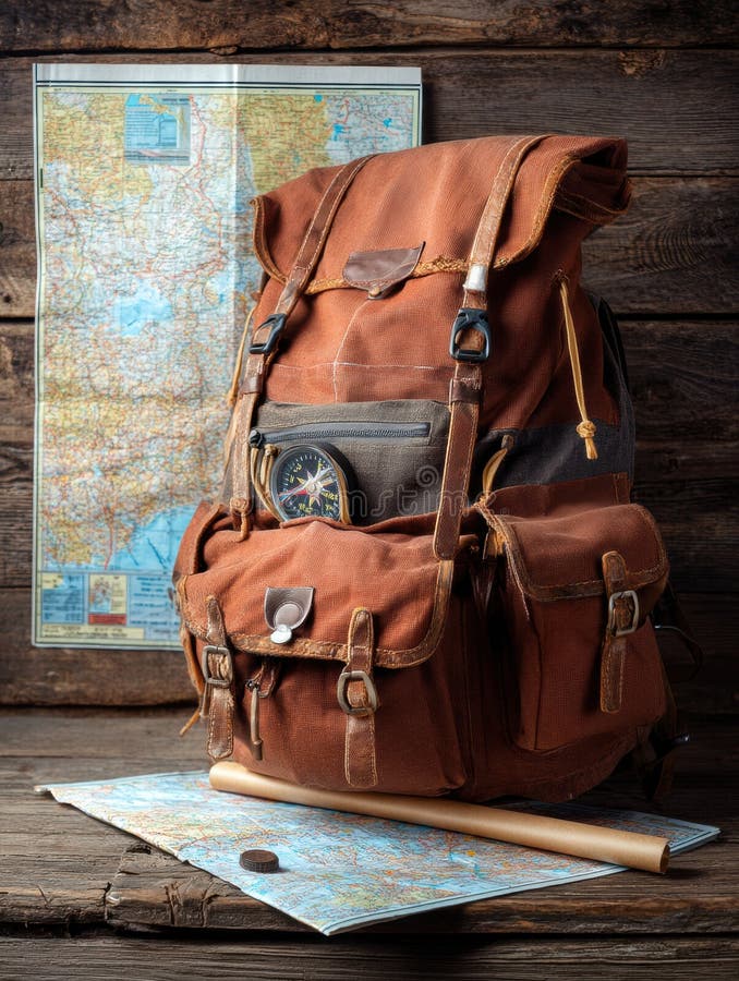 Rustic Travel Setup with Backpack and Map on Wooden Table for Adventure ...