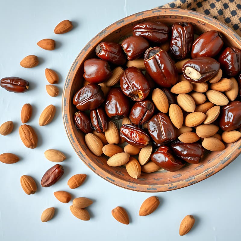 A Rustic Tray Filled with Dates and Almonds on a Pastel Blue Background ...