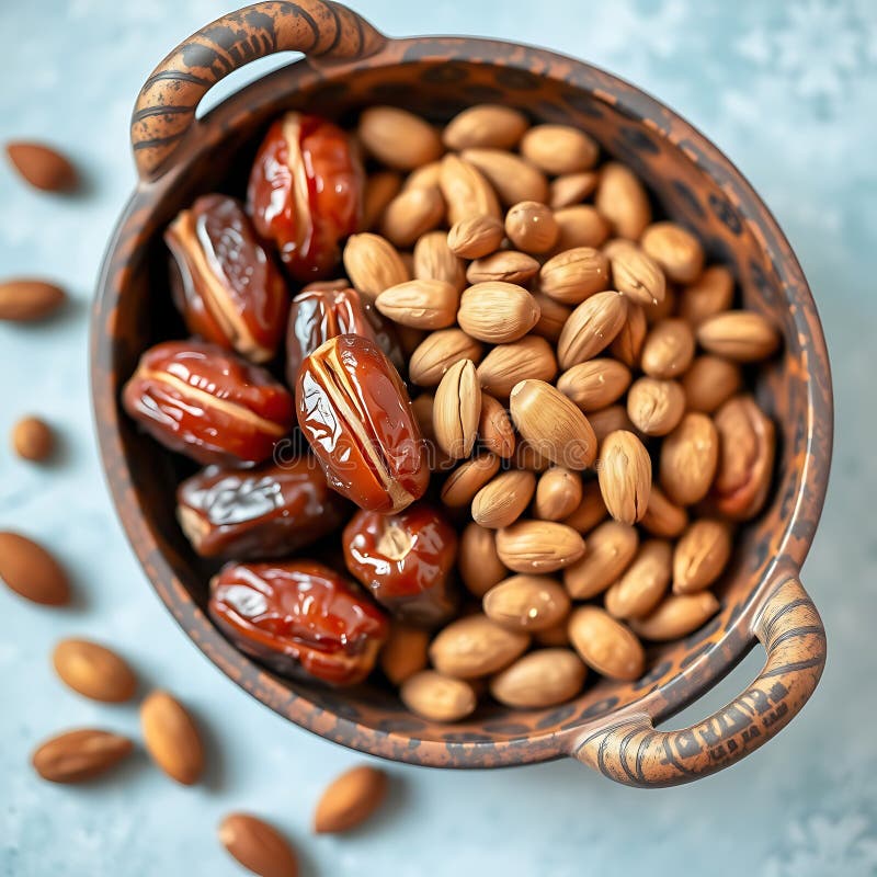 A Rustic Tray Filled with Dates and Almonds on a Pastel Blue Background ...