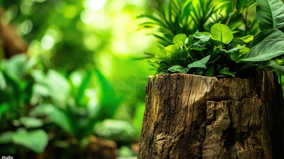 Rustic Tree Stump with Lush Green Tropical Plants in a Vibrant Forest ...