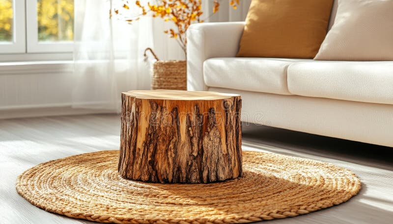 Rustic Tree Stump Side Table on a Round Jute Rug in a Cozy Living Room ...