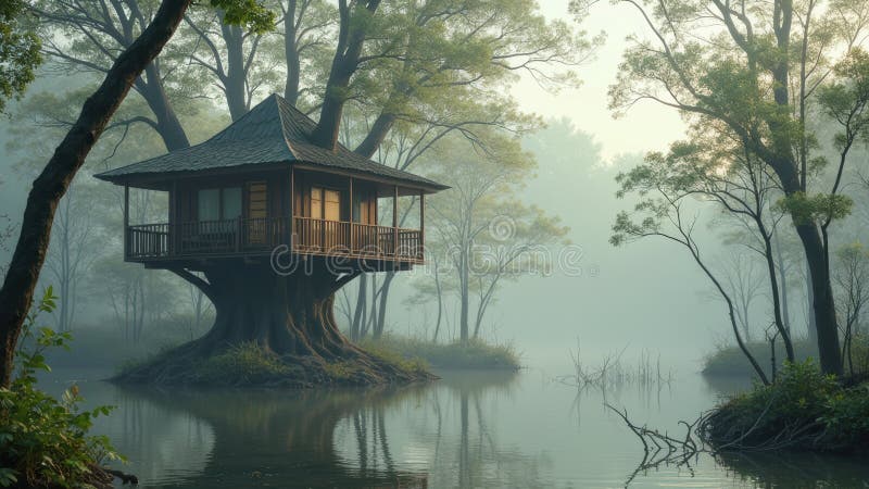 Rustic Treehouse Amidst Misty Lakeside Forest with Tall Trees in ...