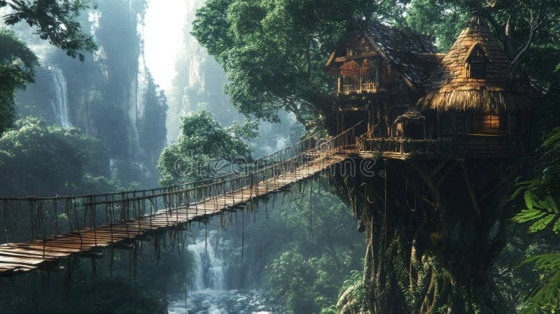 A Rustic Treehouse with a Rope Bridge Over a Waterfall in a Lush Forest ...