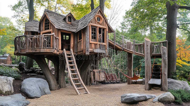 A Rustic Treehouse in a Summer Camp with Ladders, Ropes, and a Lookout ...