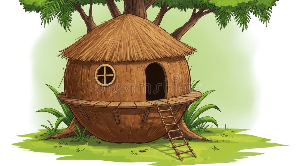 Rustic Treehouse with Thatch Roof and Ladder in Lush Green Setting ...