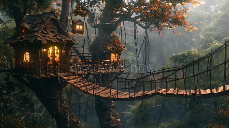 Rustic Treehouse with a Wooden Bridge Connecting To Another Tree Stock ...