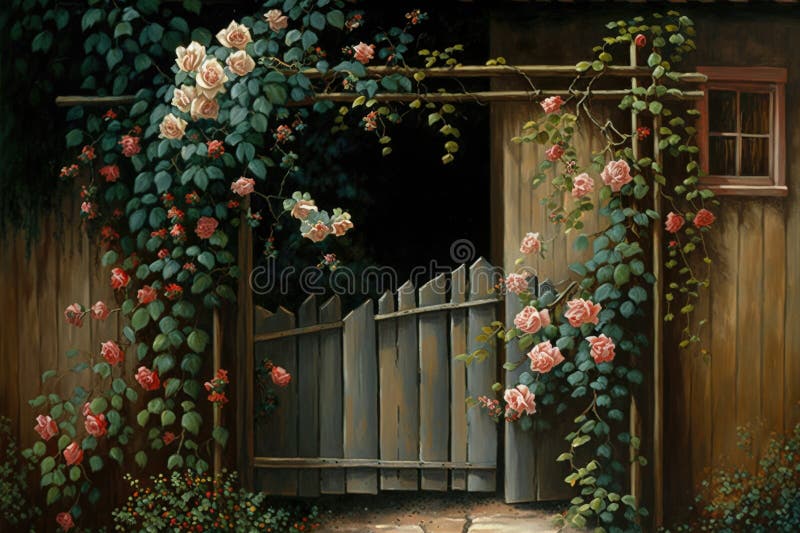 Rustic Trellis with Climbing Roses in Full Bloom Stock Illustration ...