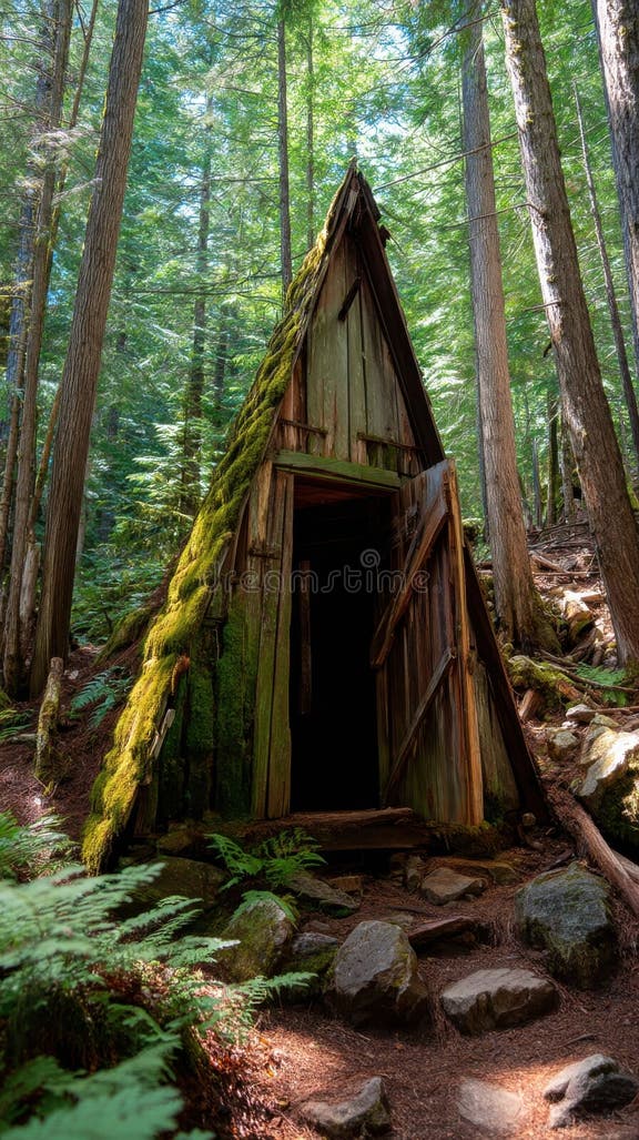 Rustic Triangular Wooden Structure in the Forest Covered in Moss with ...