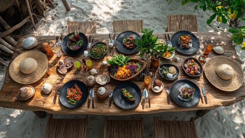 Rustic Tropical Table Setting with Delicious Food Stock Illustration ...