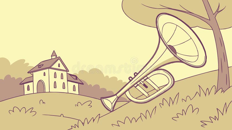Rustic Trumpet in Tranquil Landscape with Distant House, Vector Design ...