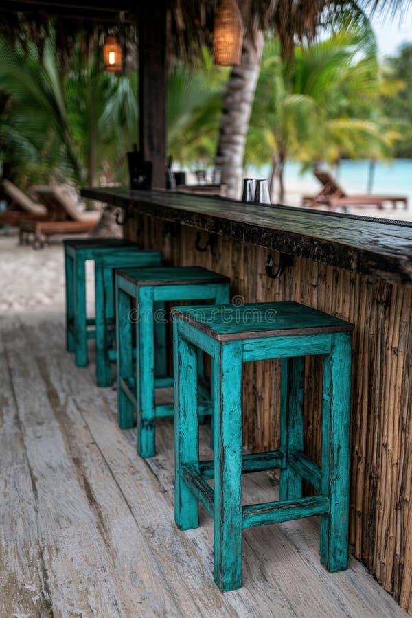 Rustic Turquoise Bar Stools at a Tropical Beach Bar. Stock Illustration ...