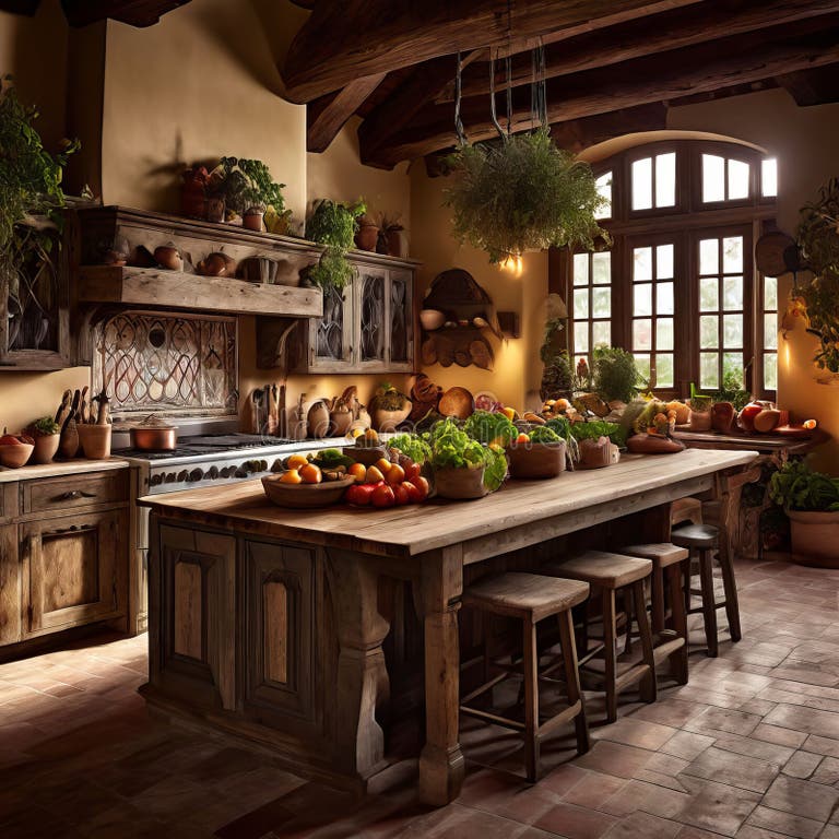 Rustic Tuscan Kitchen Warm Colors Rustic Textures and Distress Stock Illustration - Illustration ...
