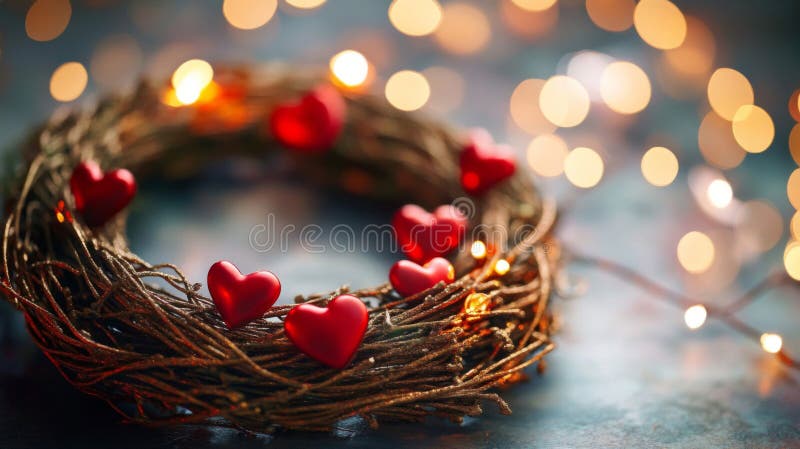 A Rustic Twig Wreath Adorned with Red Hearts and Twinkling Lights Stock ...