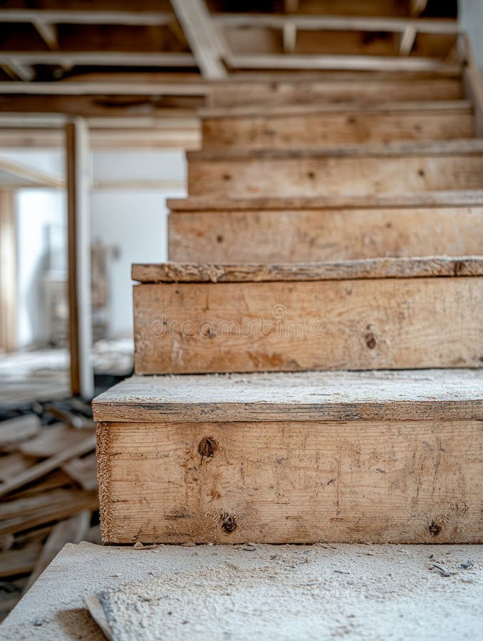 Rustic Unfinished Wooden Stairs in a Construction Site. Stock Image ...