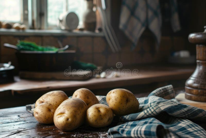 Rustic Unpeeled Potatoes on a Table Stock Illustration - Illustration ...