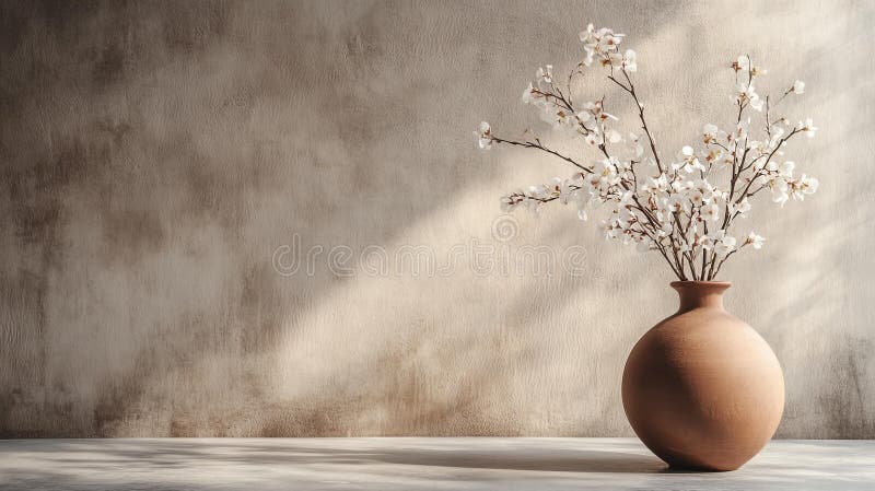 Rustic Vase with White Blossoms, Beige Textured Background Stock ...