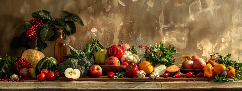 Rustic Vegetable and Fruit Display with Foliage Stock Photo - Image of ...