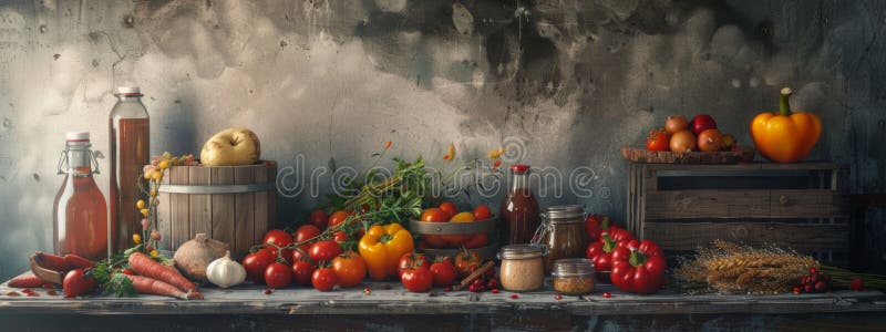 Rustic Vegetable and Preserve Display with Jars and Bottles Stock Photo ...