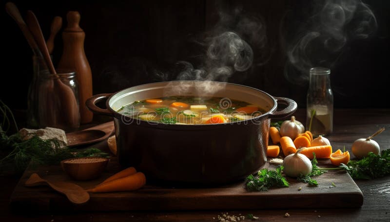 Rustic Vegetable Stew Cooked on Wood Table with Homemade Bread ...